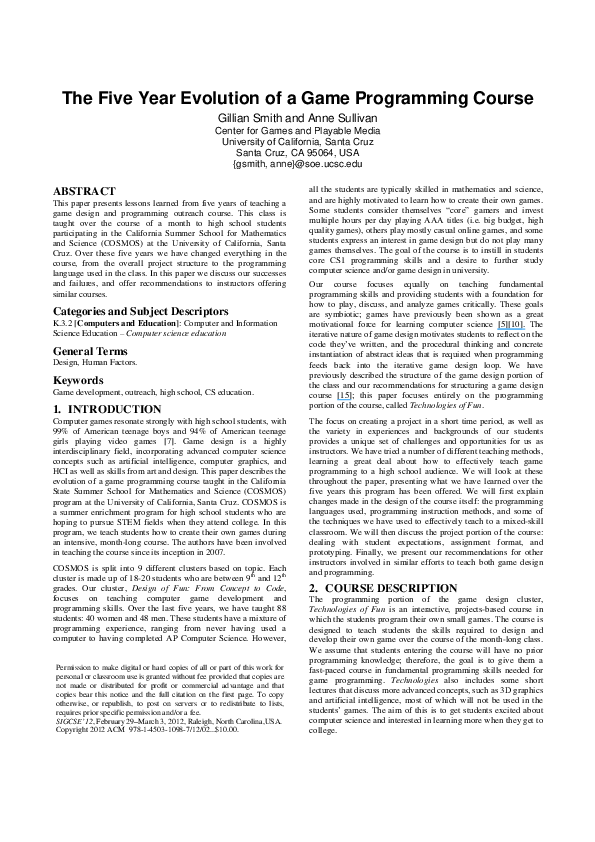 (PDF) The five year evolution of a game programming course