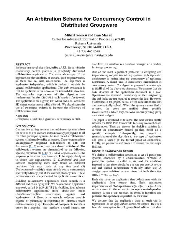 Pdf An Arbitration Scheme For Concurrency Control In Distributed Groupware