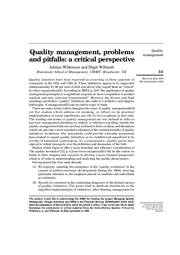(PDF) Quality management, problems and pitfalls: a critical perspective