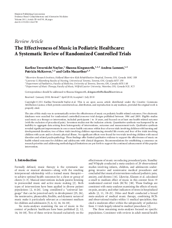 (PDF) The Effectiveness of Music in Pediatric Healthcare: A Systematic ...