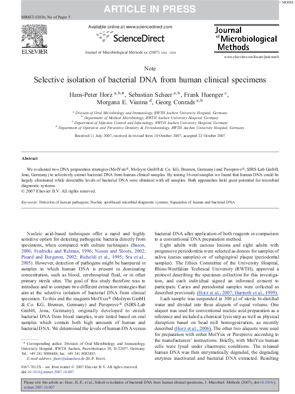 (PDF) Selective isolation of bacterial DNA from human clinical specimens