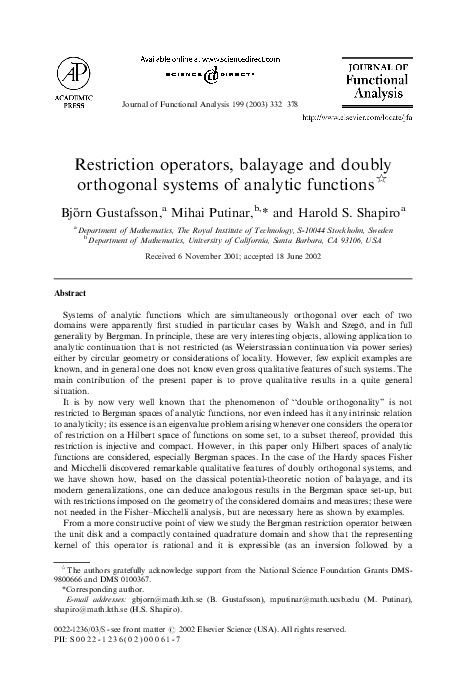 (PDF) Restriction operators, balayage and doubly orthogonal systems of analytic functions
