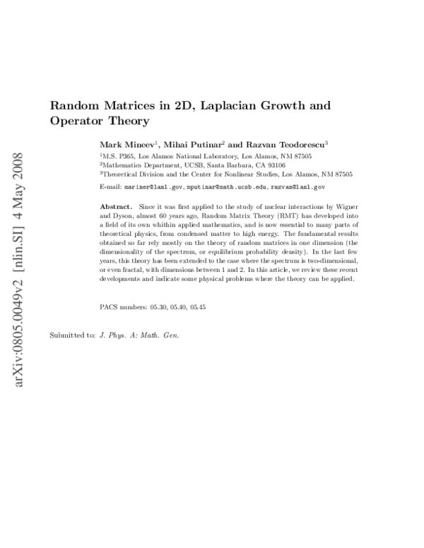 Pdf Random Matrices In 2d Laplacian Growth And Operator Theory Mihai Putinar