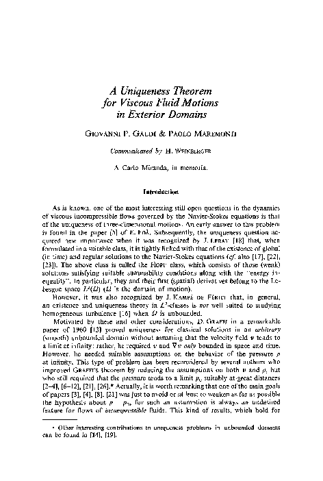 (PDF) A uniqueness theorem for viscous fluid motions in exterior ...