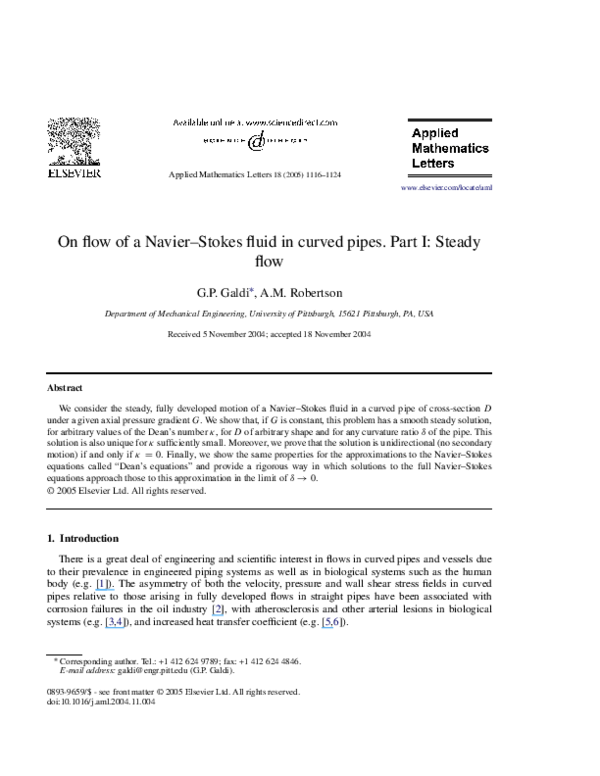 (PDF) On flow of a Navier–Stokes fluid in curved pipes. Part I: Steady flow
