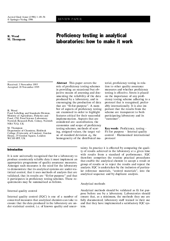 (PDF) Proficiency testing in analytical laboratories: how to make it work