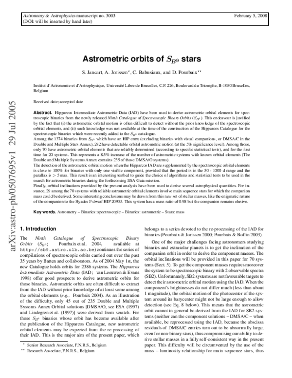 (PDF) Astrometric orbits of S 13pt15pt B 9 stars