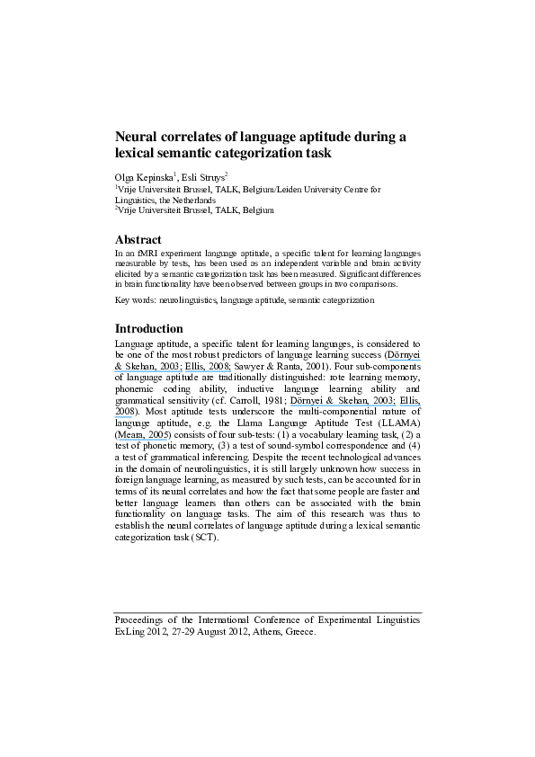 Pdf Neural Correlates Of Language Aptitude During A Lexical Semantic Categorization Task
