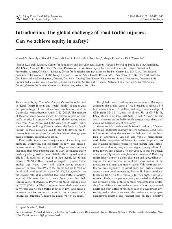 (PDF) Introduction: the global challenge of road traffic injuries: can ...