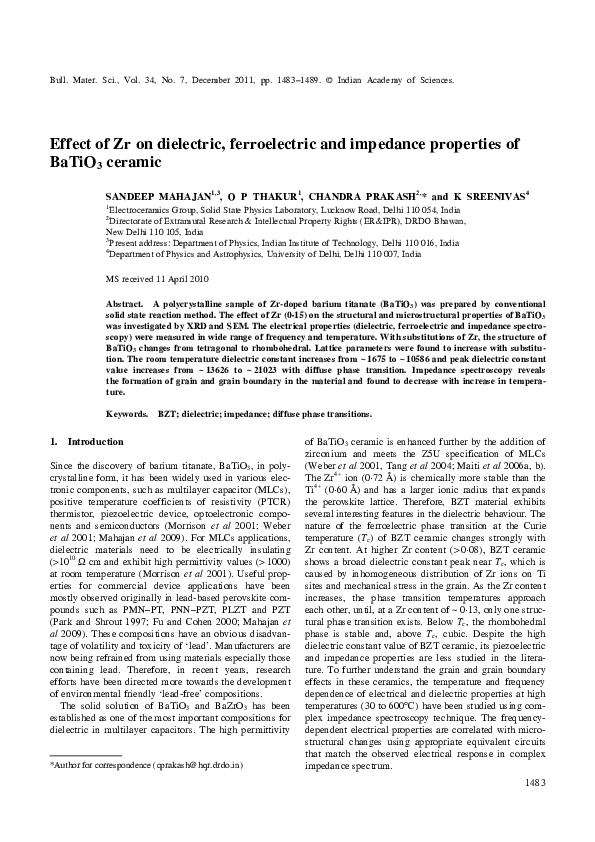 (PDF) Effect of Zr on dielectric, ferroelectric and impedance properties of BaTiO3 ceramic