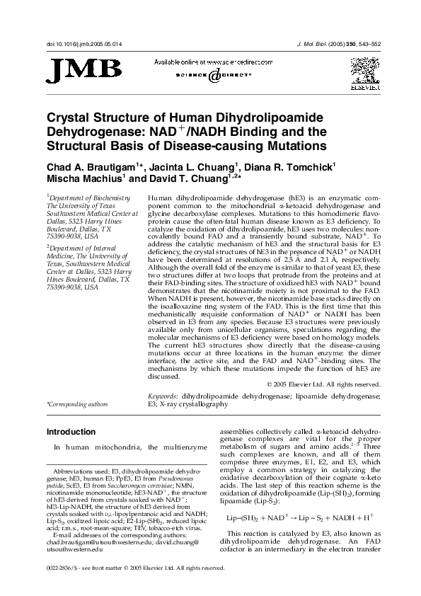 (PDF) Crystal Structure of Human Dihydrolipoamide Dehydrogenase: NAD+ ...