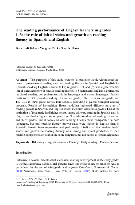 (PDF) The reading performance of English learners in grades 1 3: the ...