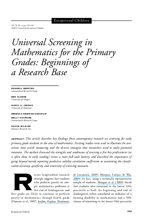 (PDF) Universal screening in mathematics for the primary grades ...