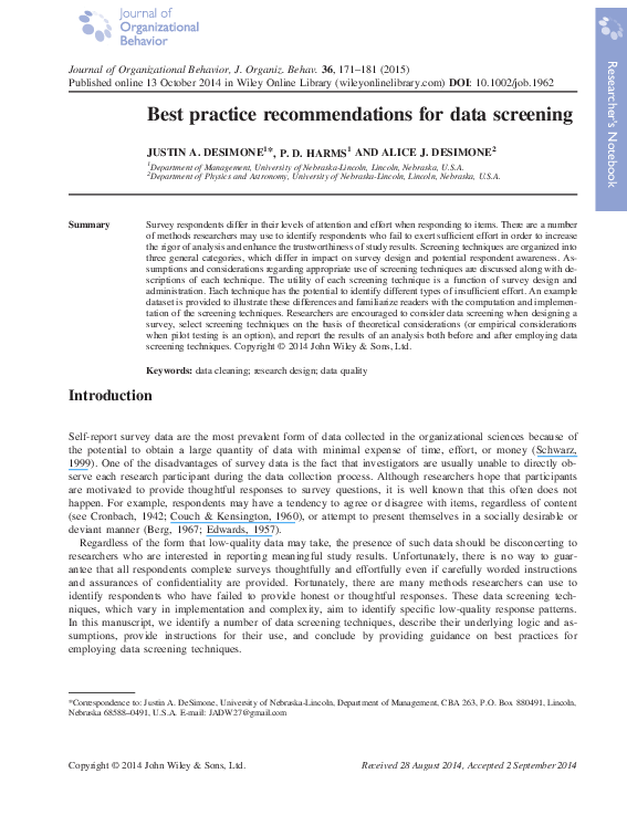 (PDF) Best practice recommendations for data screening
