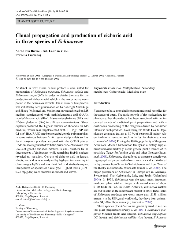 (PDF) Clonal propagation and production of cichoric acid in three ...