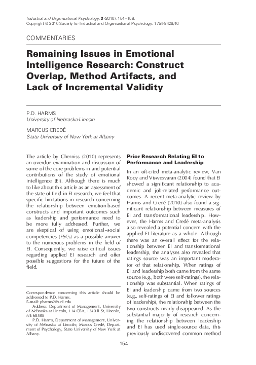 (PDF) Remaining issues in emotional intelligence research: Construct ...