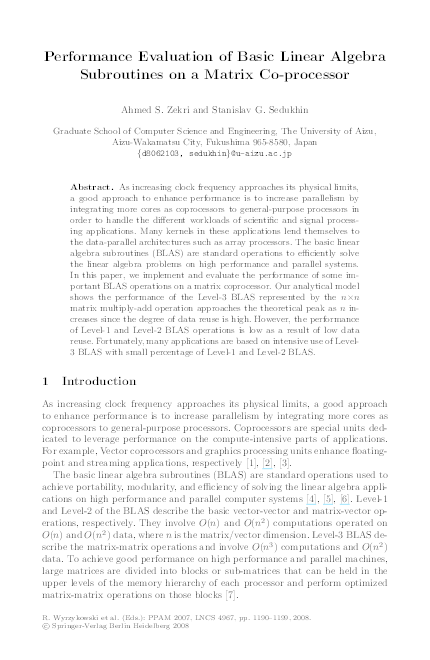 (PDF) Performance evaluation of basic linear algebra subroutines on a matrix co-processor