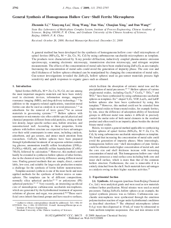 (PDF) General Synthesis of Homogeneous Hollow Core−Shell Ferrite ...
