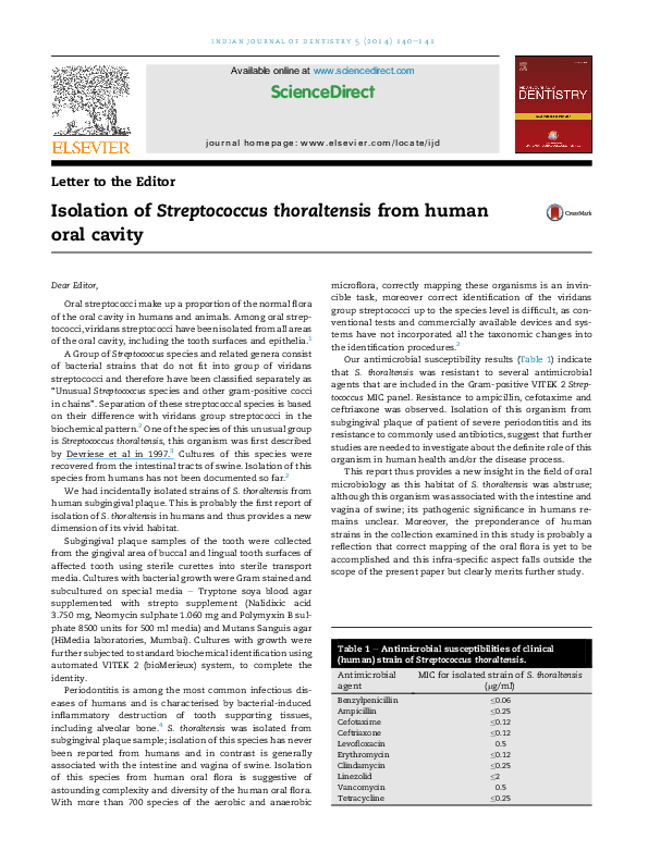 Pdf Isolation Of Streptococcus Thoraltensis From Human Oral Cavity