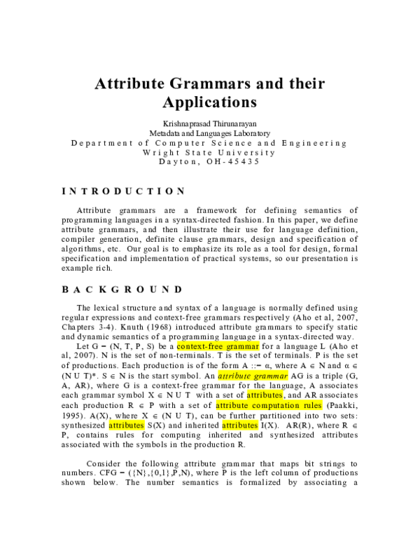 Pdf Attribute Grammars And Their Applications
