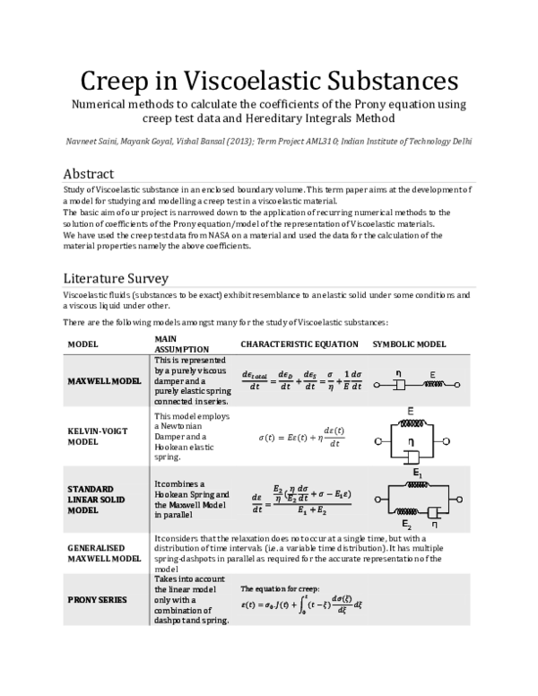 (PDF) Creep in Viscoelastic Substances Numerical -Methods to calculate the coefficients of the ...