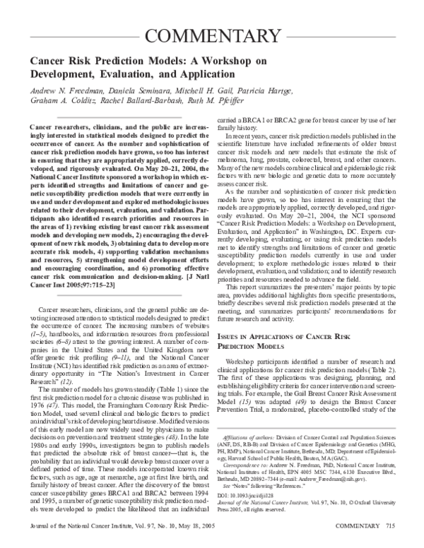 (PDF) Cancer Risk Prediction Models: A Workshop on Development ...