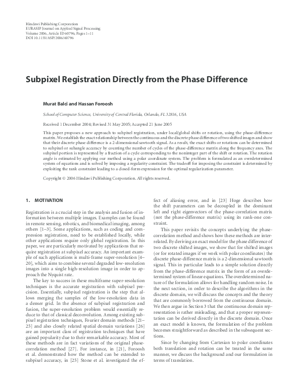 Pdf Subpixel Registration Directly From The Phase Difference