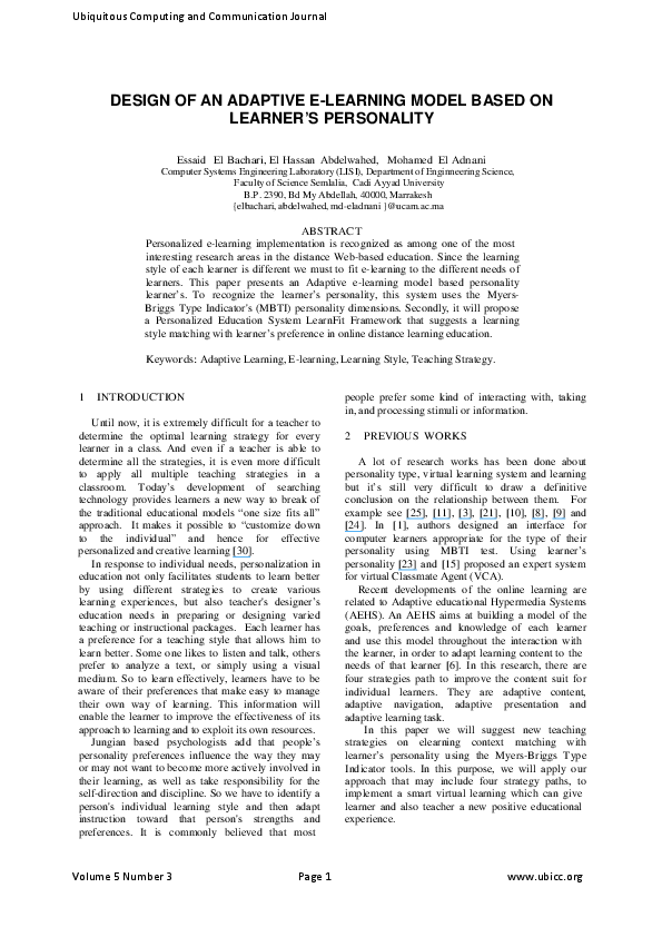 (PDF) DESIGN OF AN ADAPTIVE E-LEARNING MODEL BASED ON LEARNER'S PERSONALITY