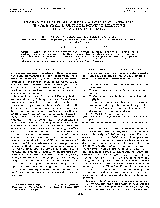 Design And Minimum Reflux Calculations For Single Feed Multicomponent Reactive Distillation Columns