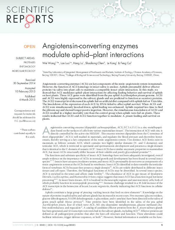 (PDF) Angiotensin-converting enzymes modulate aphid–plant interactions
