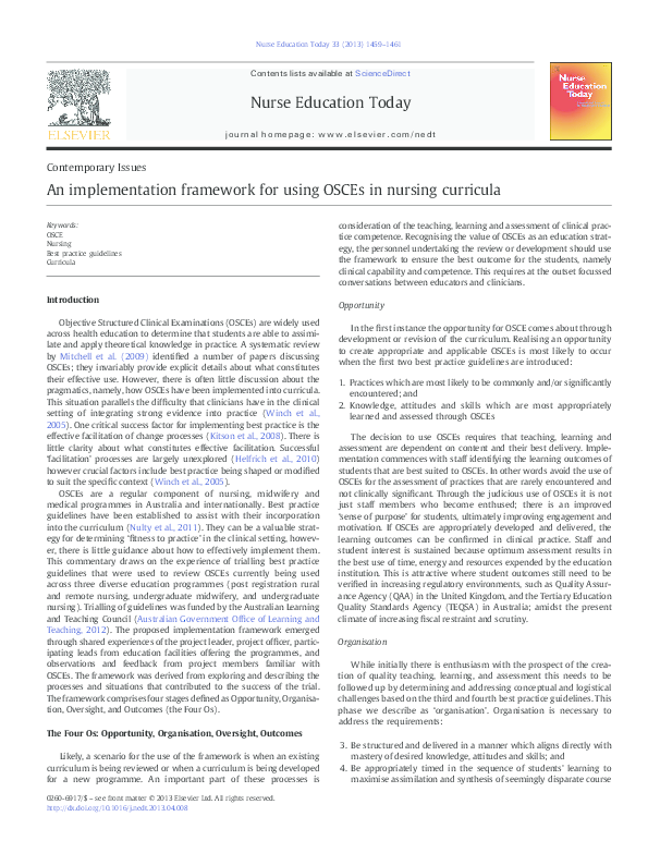 (PDF) An implementation framework for using OSCEs in nursing curricula