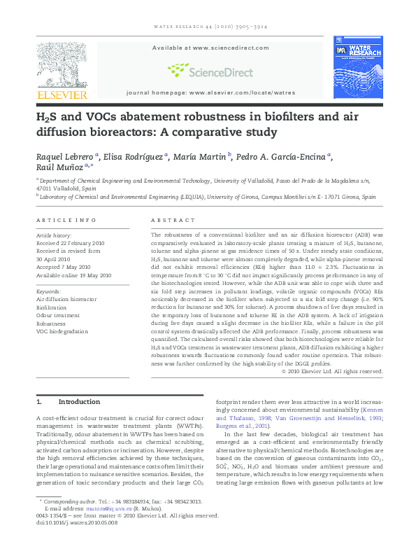 (PDF) H2S and VOCs abatement robustness in biofilters and air diffusion ...
