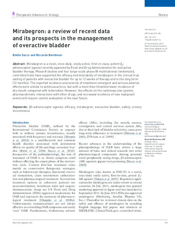 (PDF) Mirabegron: a review of recent data and its prospects in the management of overactive bladder