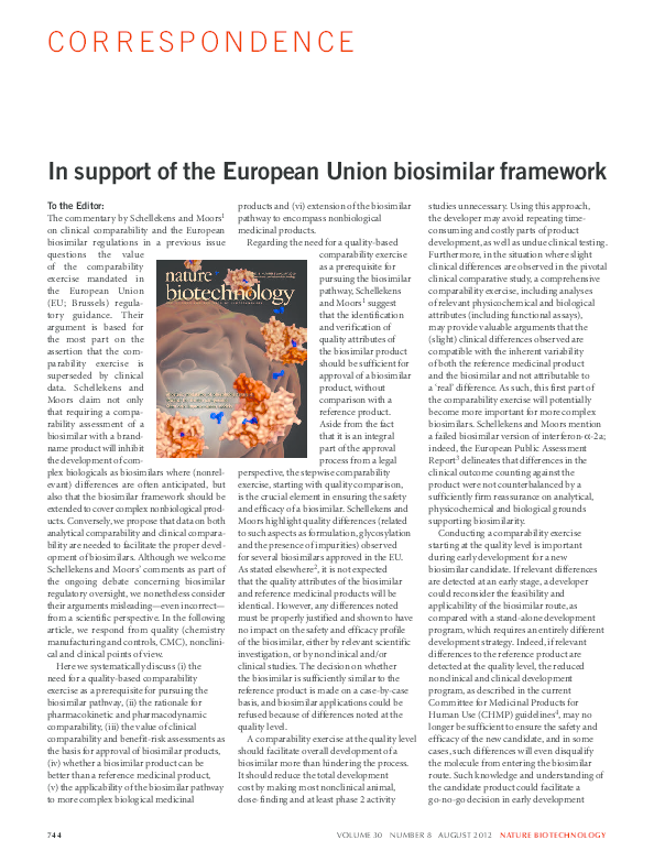 (PDF) In support of the European Union biosimilar framework