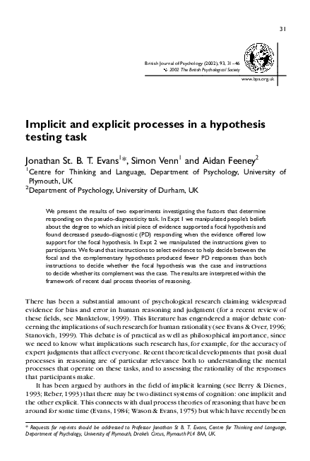 (PDF) Implicit and explicit processes in a hypothesis testing task