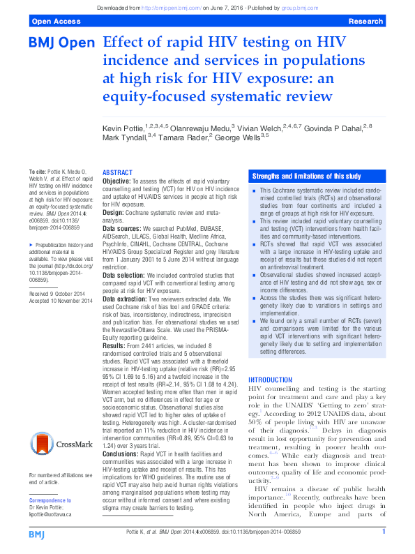 (PDF) Effect of rapid HIV testing on HIV incidence and services in ...