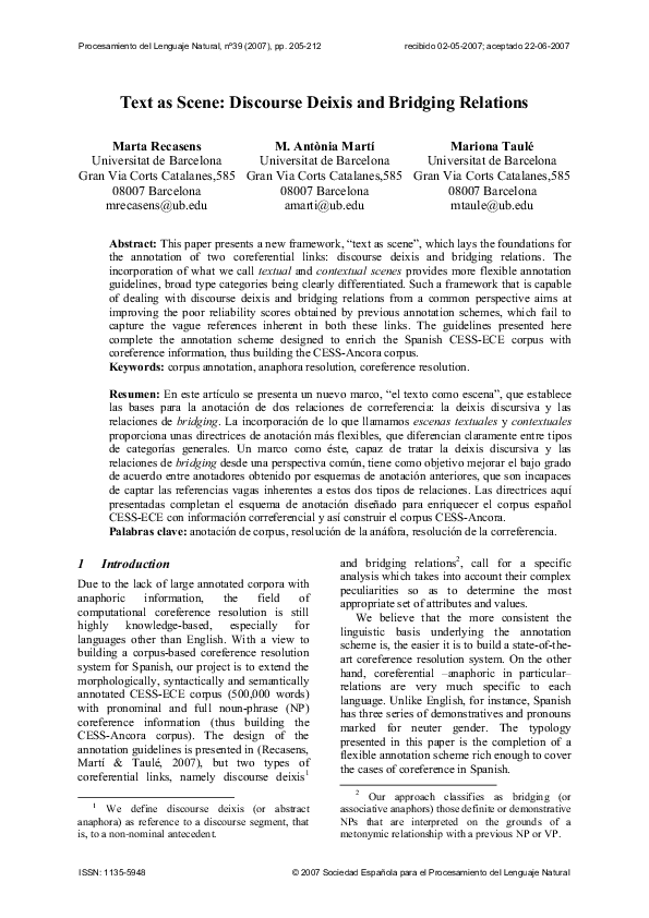 (PDF) Text as scene: Discourse deixis and bridging relations