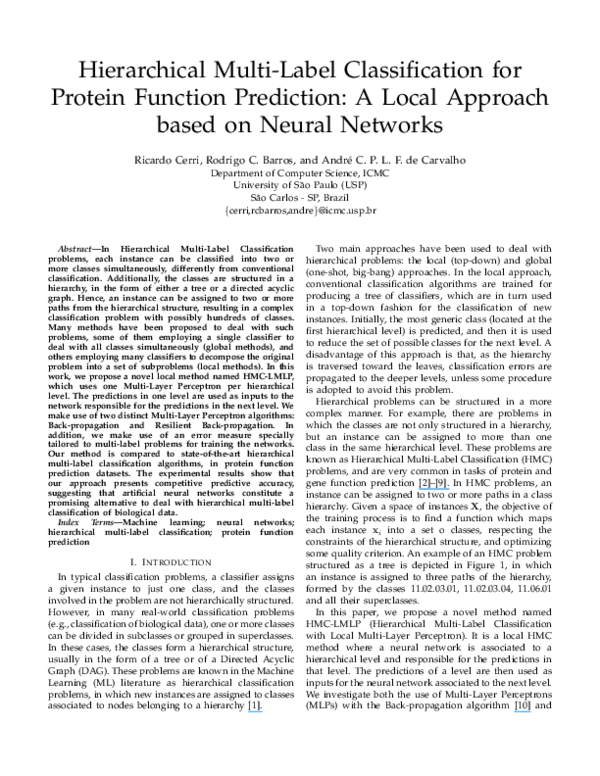 (PDF) Hierarchical multi-label classification for protein function prediction: A local approach ...