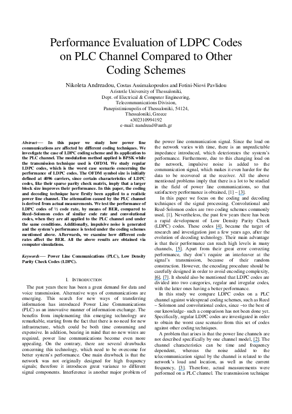 (PDF) Performance Evaluation of LDPC Codes on PLC Channel Compared to Other Coding Schemes
