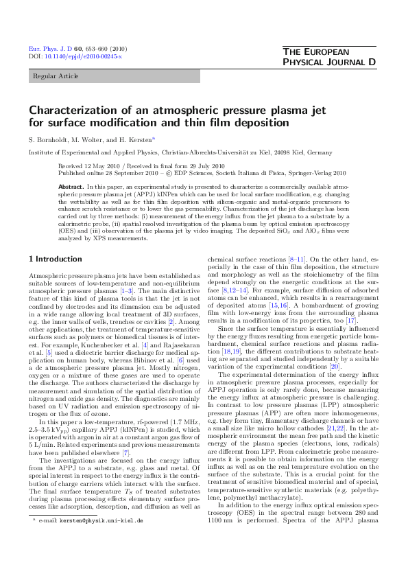 (PDF) Characterization of an atmospheric pressure plasma jet for ...