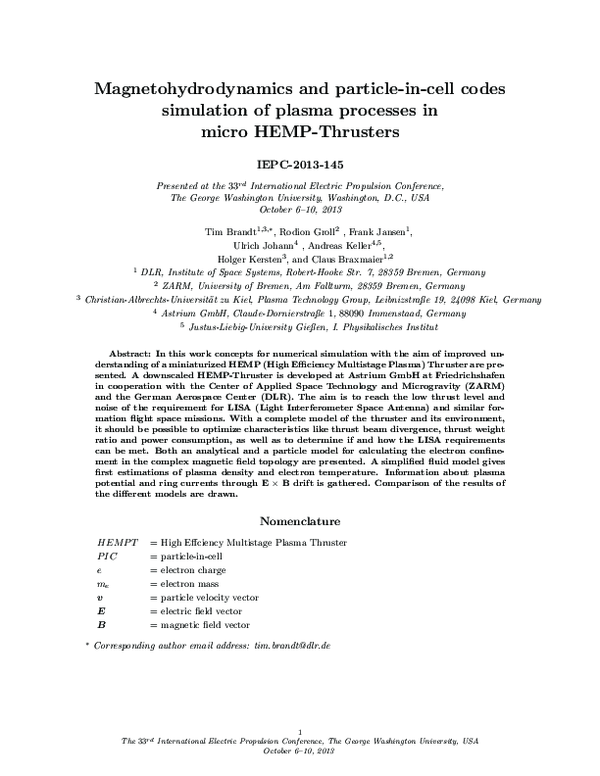 (PDF) Magnetohydrodynamics and particle-in-cell codes simulation of plasma processes in micro ...