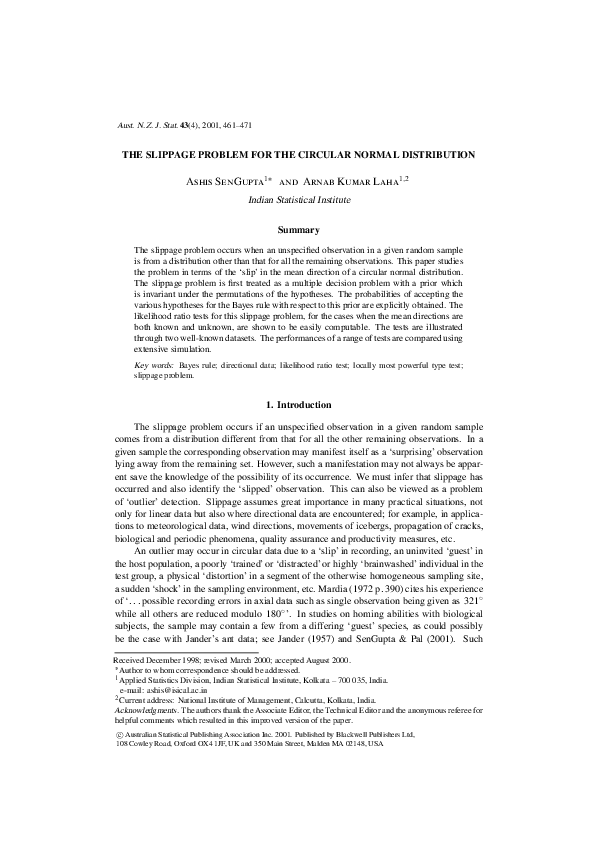 (PDF) THE SLIPPAGE PROBLEM FOR THE CIRCULAR NORMAL DISTRIBUTION