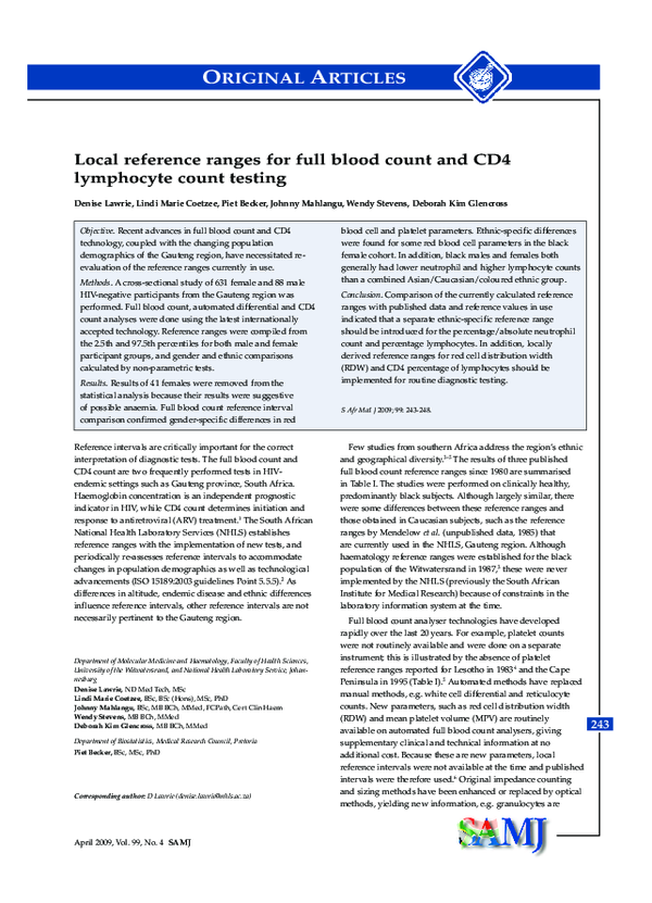 (PDF) Local reference ranges for full blood count and CD4 lymphocyte ...