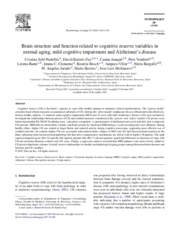 (PDF) Brain structure and function related to cognitive reserve ...