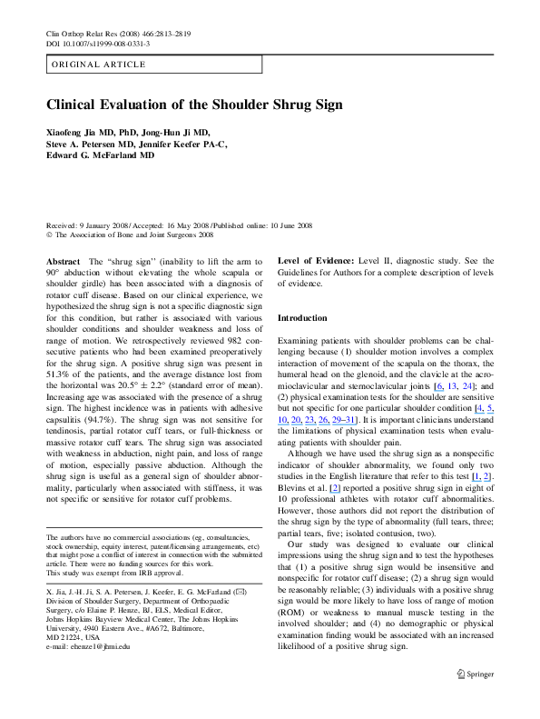 (PDF) Clinical evaluation of the shoulder shrug sign