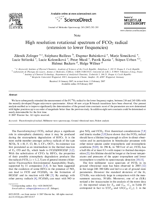 (PDF) High resolution rotational spectrum of FCO2 radical (extension to lower frequencies)
