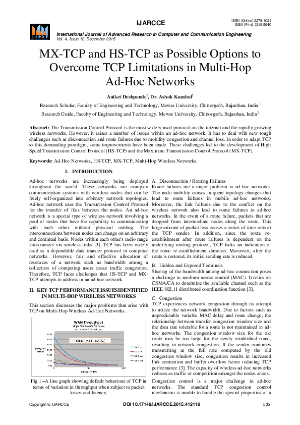 Pdf Mx Tcp And Hs Tcp As Possible Options To Overcome Tcp Limitations In Multi Hop Ad Hoc Networks