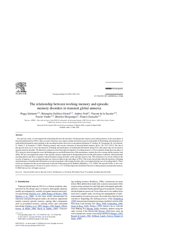 (PDF) The relationship between working memory and episodic memory disorders in transient global ...