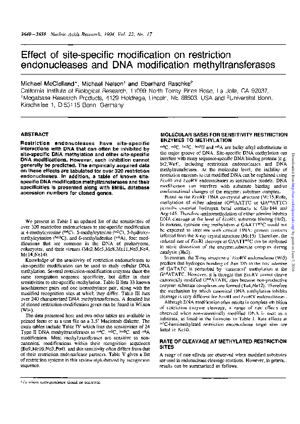 (PDF) Effect of site-specific modification on restriction endonucleases ...