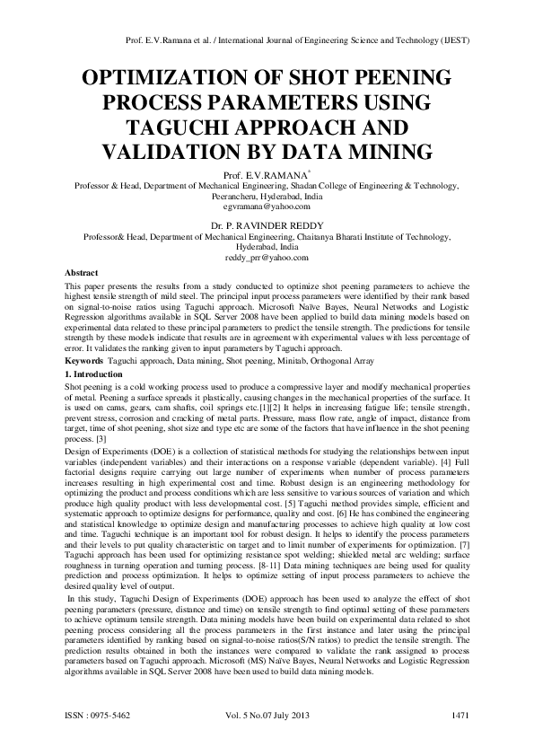 (PDF) OPTIMIZATION OF SHOT PEENING PROCESS PARAMETERS USING TAGUCHI APPROACH AND VALIDATION BY ...